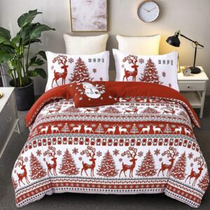 WONGS BEDDING Christmas Duvet Cover Set King 3 Pieces Red Deer Tree Snowflake Pattern Printed Bedding Comforter Cover with Zipper Closure for New Year Holidy,Soft Microfiber Set King Size 90"x 103"