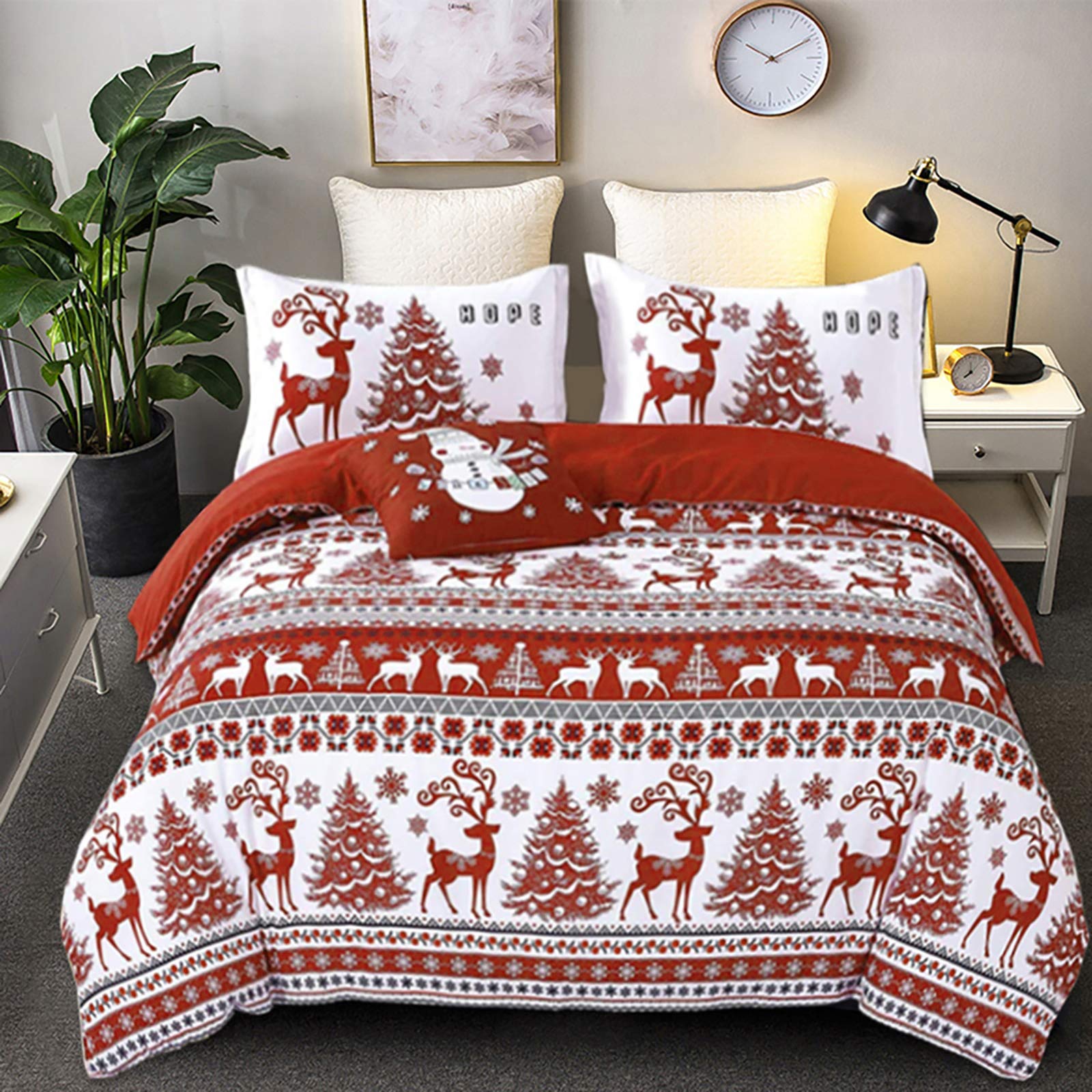 WONGS BEDDING Christmas Duvet Cover Set King 3 Pieces Red Deer Tree Snowflake Pattern Printed Bedding Comforter Cover with Zipper Closure for New Year Holidy,Soft Microfiber Set King Size 90"x 103"