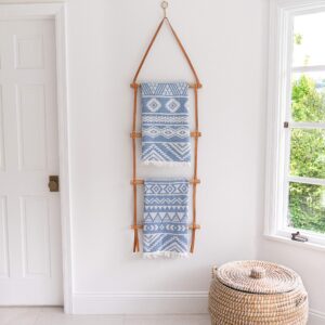 sandstone & sage wall hanging blanket ladder with leather straps | handcrafted decorative wooden ladder shelf made from sustainable wood | boho farmhouse decor throw or towel ladder 5 ft total length