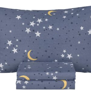 Scientific Sleep Moon & Stars Boys Girls 100% Cotton 3 Pcs Twin Bed Sheet Set Kids Toddler Teen, Flat Sheet & Fitted Sheet & Pillowcase Kids Bedding Set