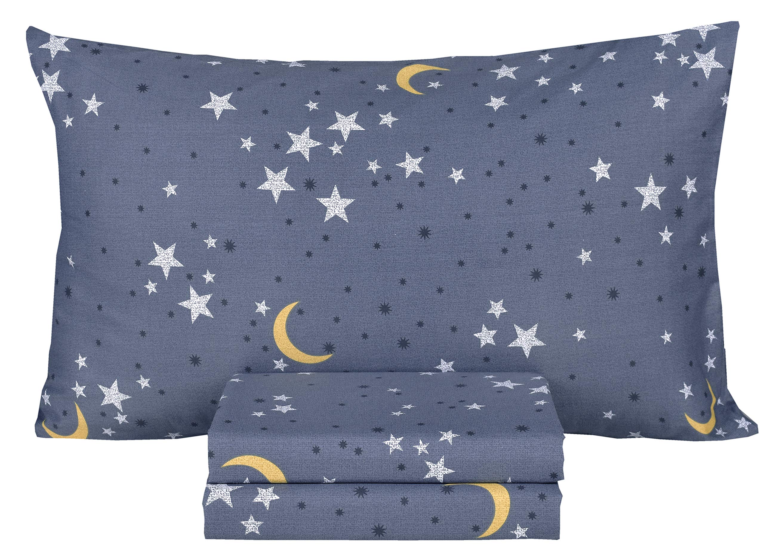 Scientific Sleep Moon & Stars Boys Girls 100% Cotton 3 Pcs Twin Bed Sheet Set Kids Toddler Teen, Flat Sheet & Fitted Sheet & Pillowcase Kids Bedding Set