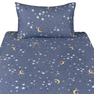 Scientific Sleep Moon & Stars Boys Girls 100% Cotton 3 Pcs Twin Bed Sheet Set Kids Toddler Teen, Flat Sheet & Fitted Sheet & Pillowcase Kids Bedding Set