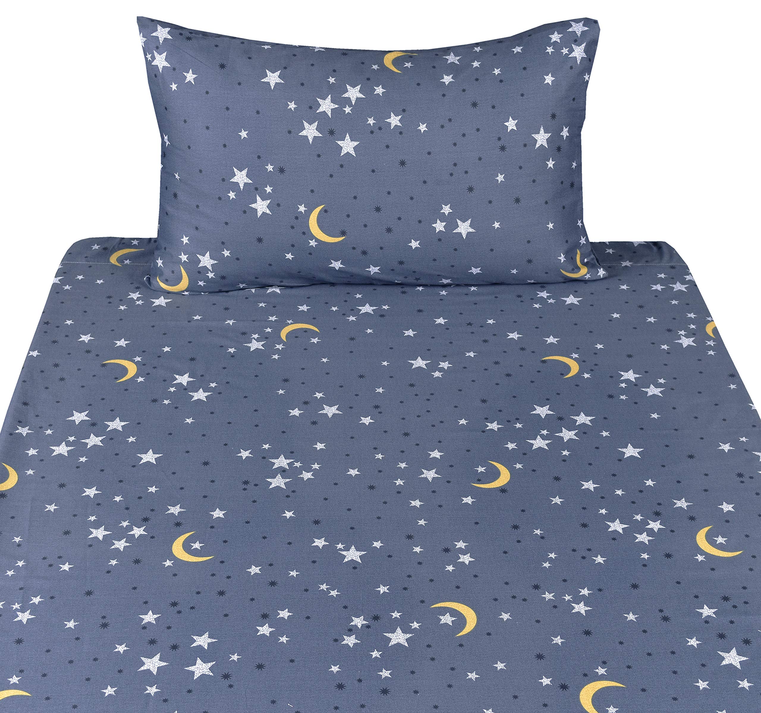 Scientific Sleep Moon & Stars Boys Girls 100% Cotton 3 Pcs Twin Bed Sheet Set Kids Toddler Teen, Flat Sheet & Fitted Sheet & Pillowcase Kids Bedding Set