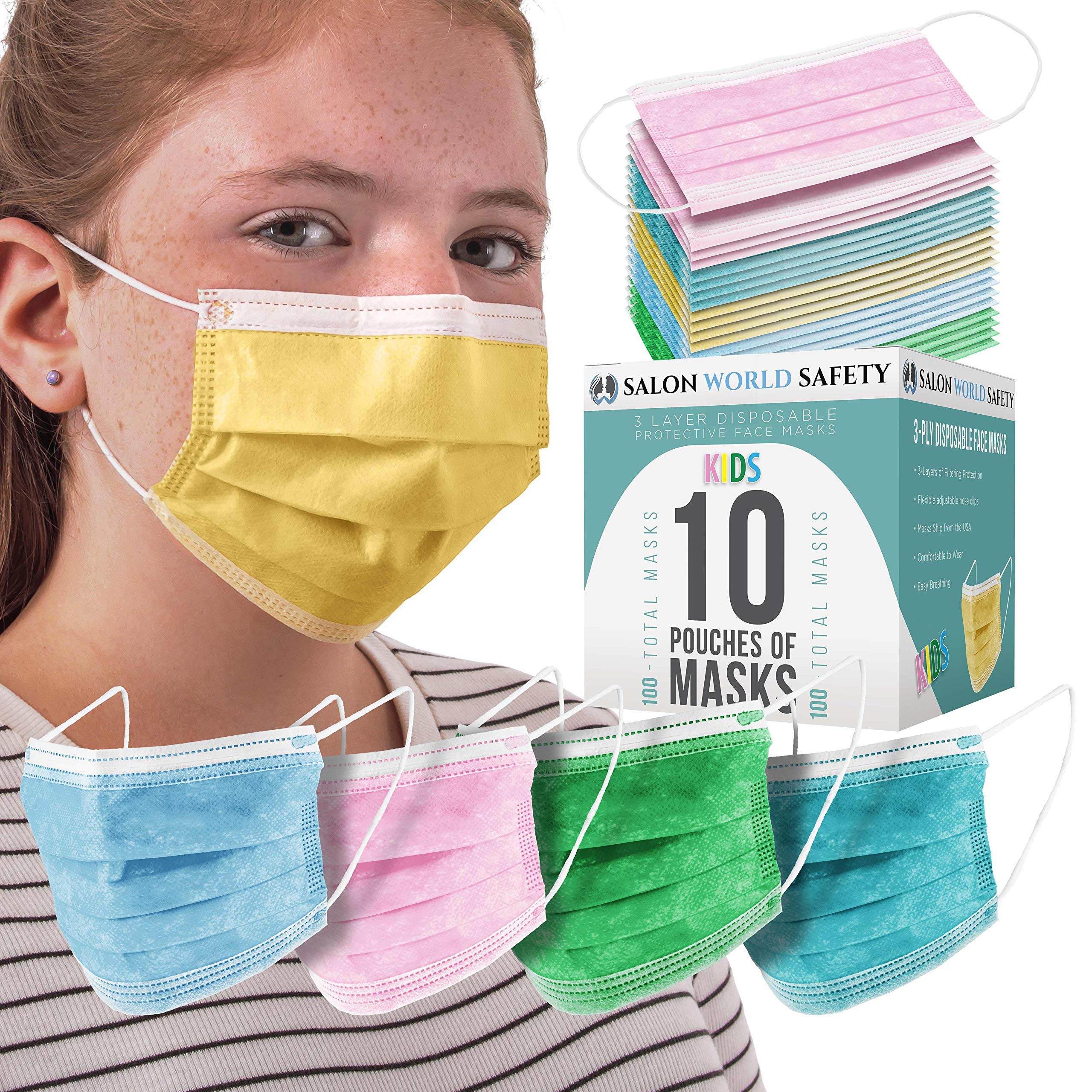 TCP Global Salon World Safety - Kids Face Masks 100 Pk 3-Ply Protective PPE (5 Colors, 20 Each)