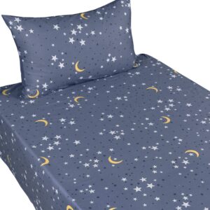 Scientific Sleep Moon & Stars Boys Girls 100% Cotton 3 Pcs Twin Bed Sheet Set Kids Toddler Teen, Flat Sheet & Fitted Sheet & Pillowcase Kids Bedding Set