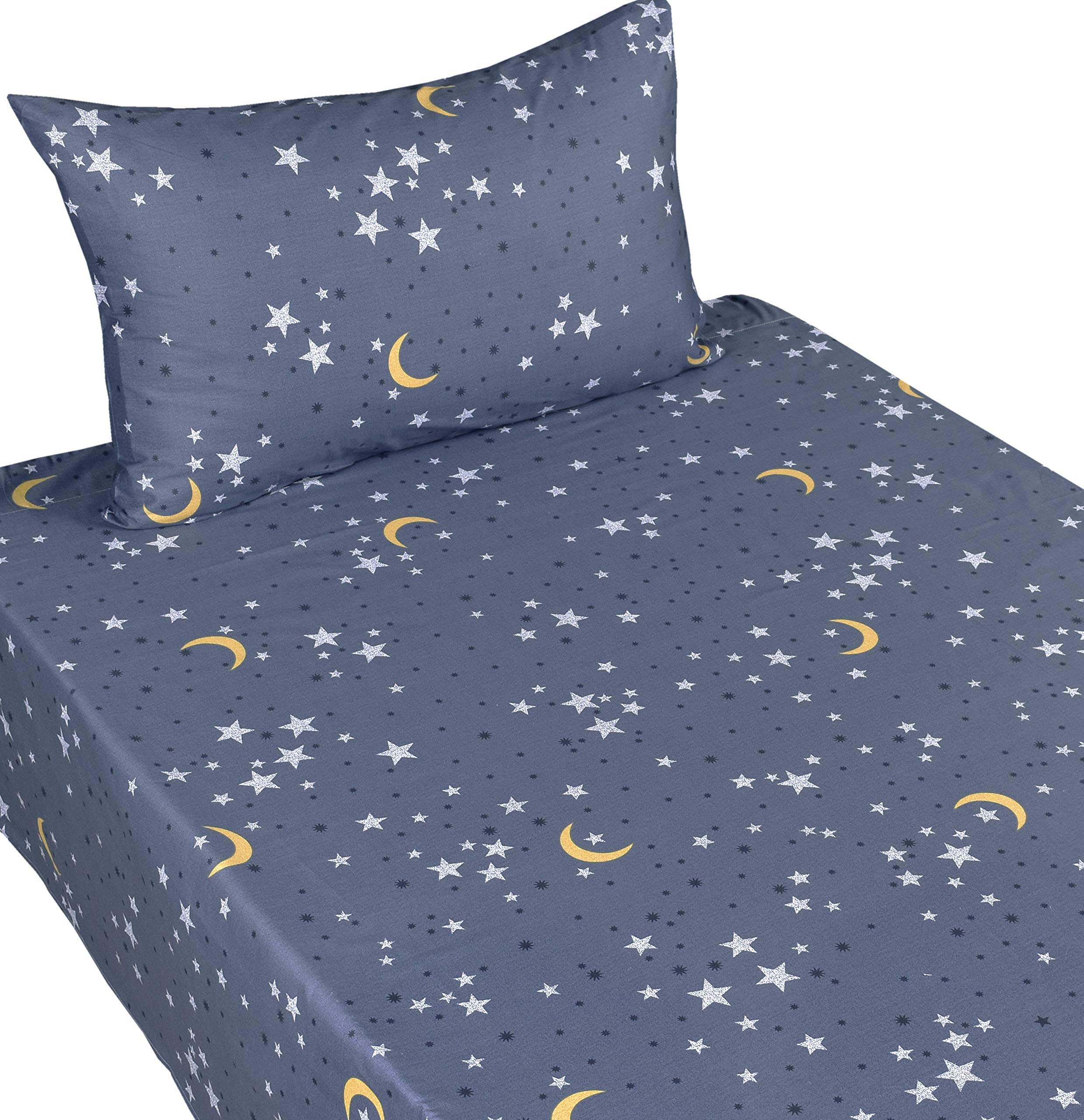 Scientific Sleep Moon & Stars Boys Girls 100% Cotton 3 Pcs Twin Bed Sheet Set Kids Toddler Teen, Flat Sheet & Fitted Sheet & Pillowcase Kids Bedding Set