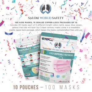 TCP Global Salon World Safety - Kids Face Masks 100 Pk 3-Ply Protective PPE (5 Colors, 20 Each)