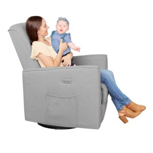 evolur harlow deluxe upholstered plush seating glide rocker, swivel, power recliner with usb port, greenguard gold certified, glider chair for nursery in light grey