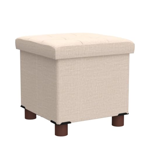 15 Inches Storage Ottoman with Wooden Legs Cube Foot Rest Stool, Square Footstool Storage, Ottoman with Storage for Living Room, Foldable Fabric Ottoman, Comfortable Seat with Lid, Space-Saving Beige