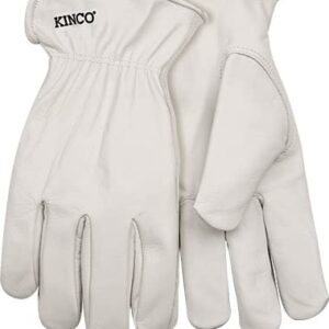 Kinco White Grain Goatskin Leather Work Glove - Durable, Anti Fatigue Keystone Thumb, Safety Easy-On Cuff, Comfortable Out-Seam Index Finger - for Construction, Farm, Ranch, DIY, Landscaping - Large