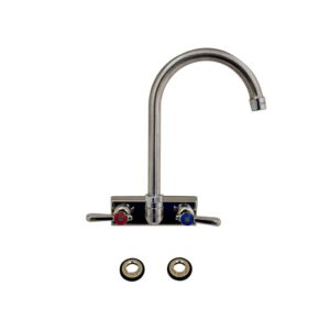 bk resources evolution series 4" commercial kitchen faucet, 8" gooseneck spout design, nsf, wall/splash mount, t-304 stainless steel, 1/4 turn ceramic cartridge, integral check valve