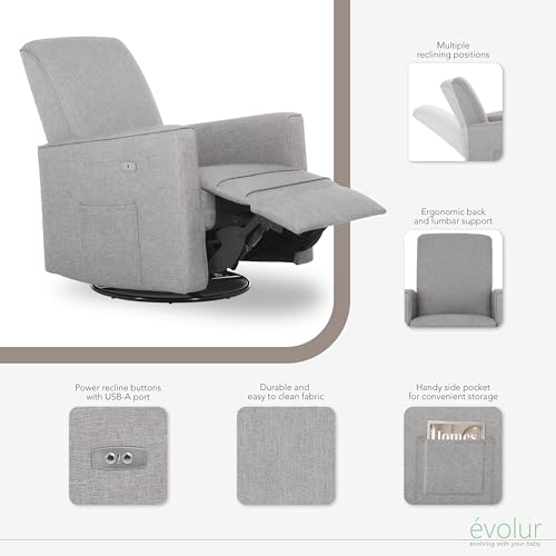 Evolur Harlow Deluxe Upholstered Plush Seating Glide Rocker, Swivel, Power Recliner with USB Port, Greenguard Gold Certified, Glider Chair for Nursery in Light Grey