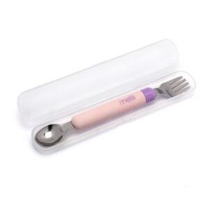 melii spork on the go - travel utensils for babies and toddlers - detachable fork and spoon with carrying case - pink & purple