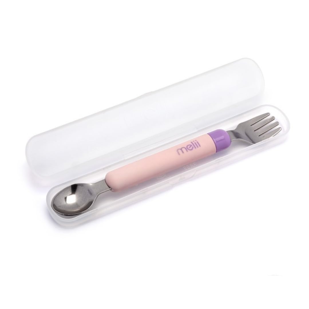 melii Spork On The Go - Travel Utensils for Babies and Toddlers - Detachable Fork and Spoon with Carrying Case - Pink & Purple