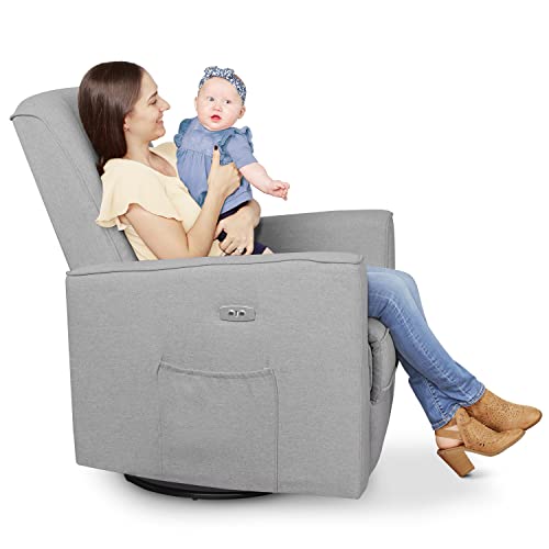 Evolur Harlow Deluxe Upholstered Plush Seating Glide Rocker, Swivel, Power Recliner with USB Port, Greenguard Gold Certified, Glider Chair for Nursery in Light Grey