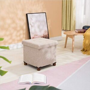 15 Inches Storage Ottoman with Wooden Legs Cube Foot Rest Stool, Square Footstool Storage, Ottoman with Storage for Living Room, Foldable Fabric Ottoman, Comfortable Seat with Lid, Space-Saving Beige