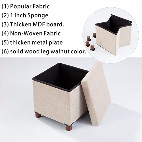 15 Inches Storage Ottoman with Wooden Legs Cube Foot Rest Stool, Square Footstool Storage, Ottoman with Storage for Living Room, Foldable Fabric Ottoman, Comfortable Seat with Lid, Space-Saving Beige