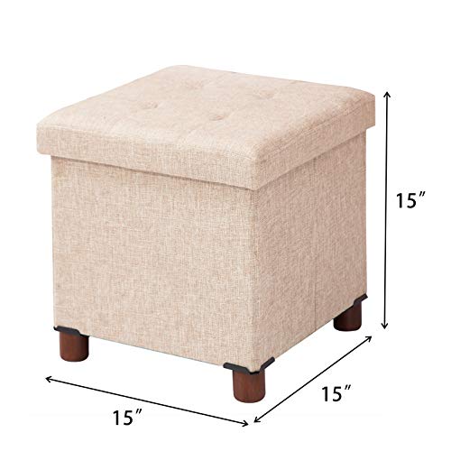 15 Inches Storage Ottoman with Wooden Legs Cube Foot Rest Stool, Square Footstool Storage, Ottoman with Storage for Living Room, Foldable Fabric Ottoman, Comfortable Seat with Lid, Space-Saving Beige