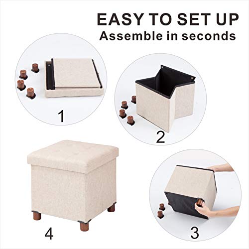 15 Inches Storage Ottoman with Wooden Legs Cube Foot Rest Stool, Square Footstool Storage, Ottoman with Storage for Living Room, Foldable Fabric Ottoman, Comfortable Seat with Lid, Space-Saving Beige