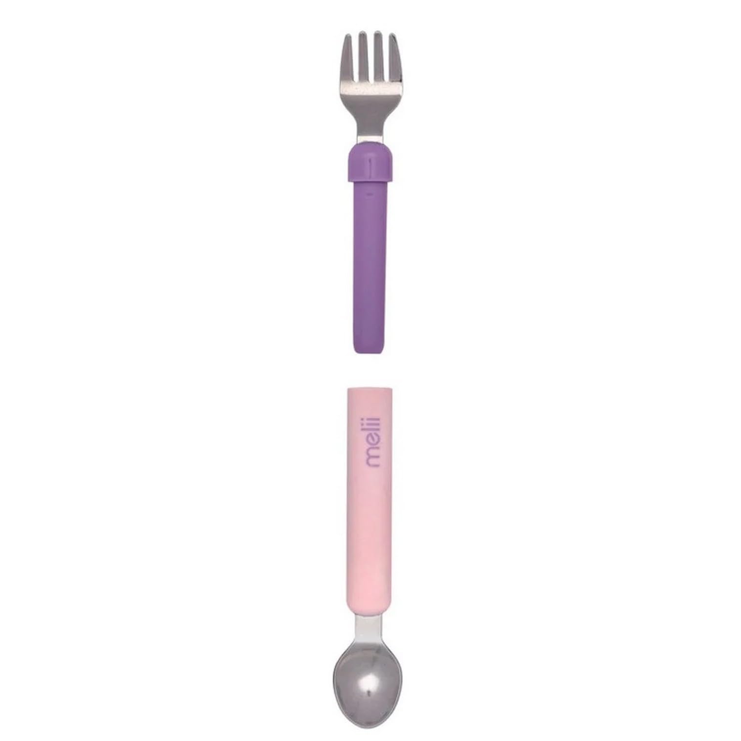 melii Spork On The Go - Travel Utensils for Babies and Toddlers - Detachable Fork and Spoon with Carrying Case - Pink & Purple