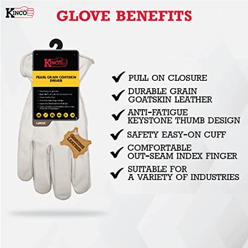 Kinco White Grain Goatskin Leather Work Glove - Durable, Anti Fatigue Keystone Thumb, Safety Easy-On Cuff, Comfortable Out-Seam Index Finger - for Construction, Farm, Ranch, DIY, Landscaping - Large