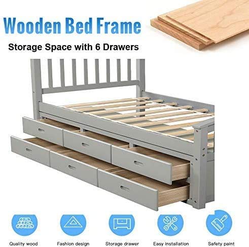 Merax Platform Storage Bed Solid Wood Bed with 6 Drawers Twin Size