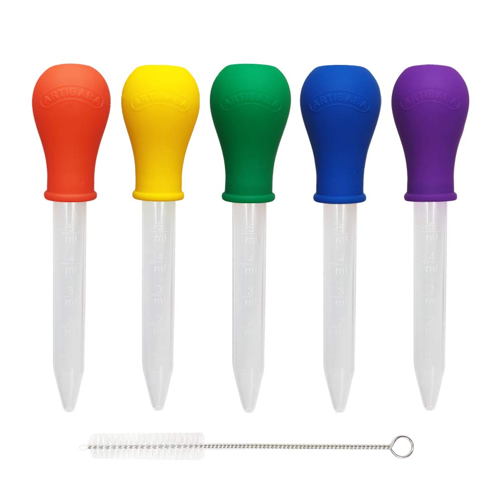 ARTIBABA Jumbo Rainbow Color Liquid DROPPERS 5 Pieces 5ml - Jumbo Silicone Tip Clear Plastic Pipettes Science Experiments Laboratory Liquid Transfer Mixing Color Art Craft Activity