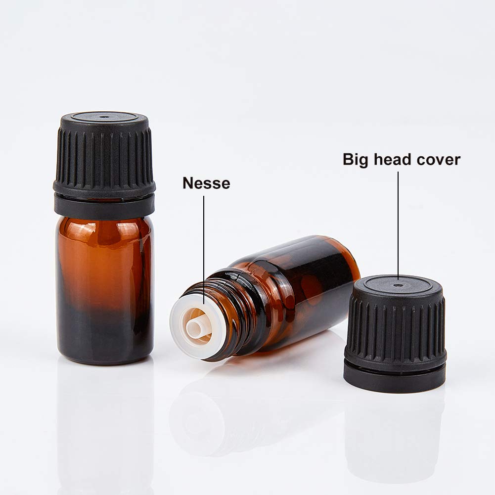 BENECREAT 24 Packs 5ml Brown Glass Essential Oil Bottles with Orifice Dropper Reducer, Plastic Droppers, Hoppers and Labels for Aromatherapy Fragrance Cosmetic Oils