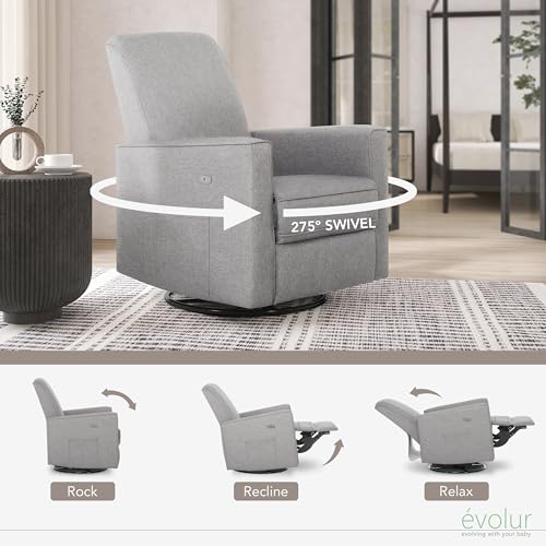 Evolur Harlow Deluxe Upholstered Plush Seating Glide Rocker, Swivel, Power Recliner with USB Port, Greenguard Gold Certified, Glider Chair for Nursery in Light Grey