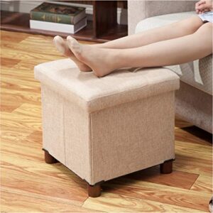 15 Inches Storage Ottoman with Wooden Legs Cube Foot Rest Stool, Square Footstool Storage, Ottoman with Storage for Living Room, Foldable Fabric Ottoman, Comfortable Seat with Lid, Space-Saving Beige