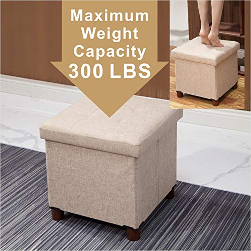 15 Inches Storage Ottoman with Wooden Legs Cube Foot Rest Stool, Square Footstool Storage, Ottoman with Storage for Living Room, Foldable Fabric Ottoman, Comfortable Seat with Lid, Space-Saving Beige