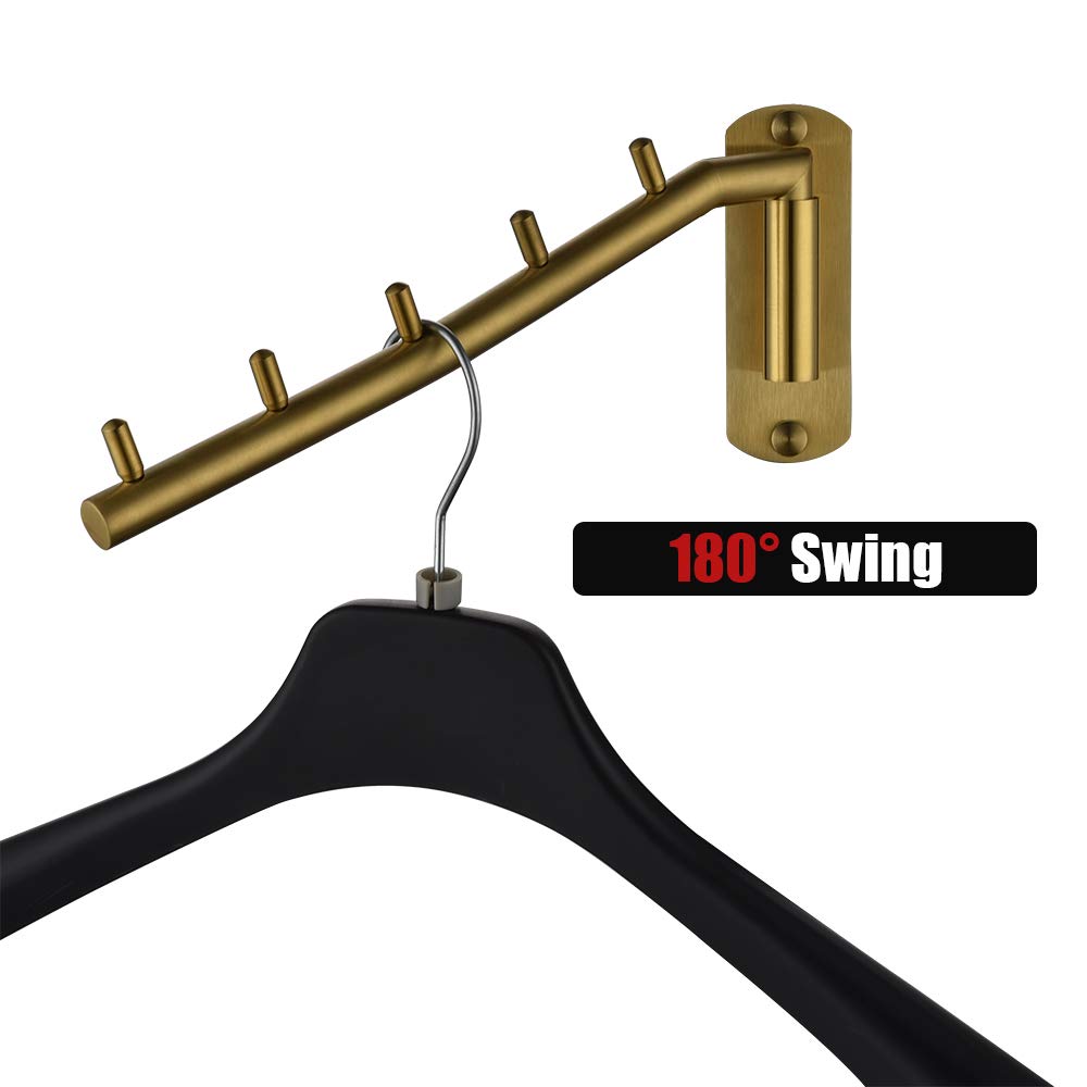 JQK Folding Clothes Hanger Rack, Stainless Steel Swing Arm Hook Holder, Clothing Hanging System Drying Closet Storage Organizer Brushed Gold Wall Mount 2 Pack, SHR100-BG-P2