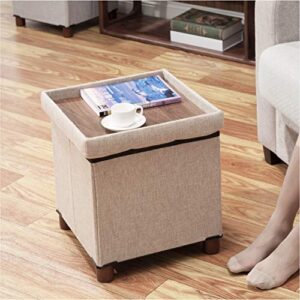 15 Inches Storage Ottoman with Wooden Legs Cube Foot Rest Stool, Square Footstool Storage, Ottoman with Storage for Living Room, Foldable Fabric Ottoman, Comfortable Seat with Lid, Space-Saving Beige