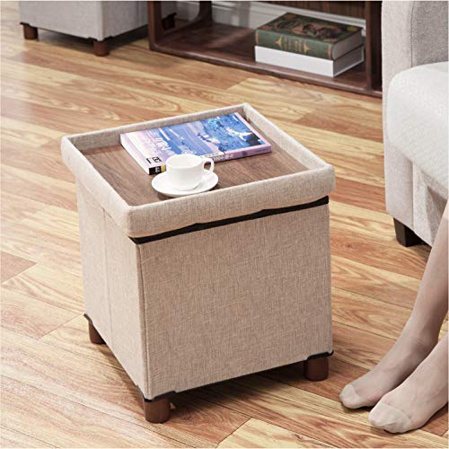 15 Inches Storage Ottoman with Wooden Legs Cube Foot Rest Stool, Square Footstool Storage, Ottoman with Storage for Living Room, Foldable Fabric Ottoman, Comfortable Seat with Lid, Space-Saving Beige