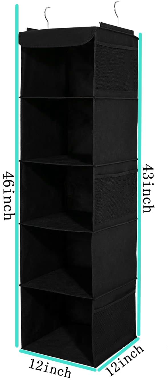 BrilliantJo 2 Pack Hanging Closet Organizer, 5 Shelves Hanging Storage with 6 Side Pockets for Clothes Shoes, 43"x12"x12"(Black)