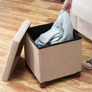 15 inches storage ottoman with wooden legs cube foot rest stool, square footstool storage, ottoman with storage for living room, foldable fabric ottoman, comfortable seat with lid, space-saving beige