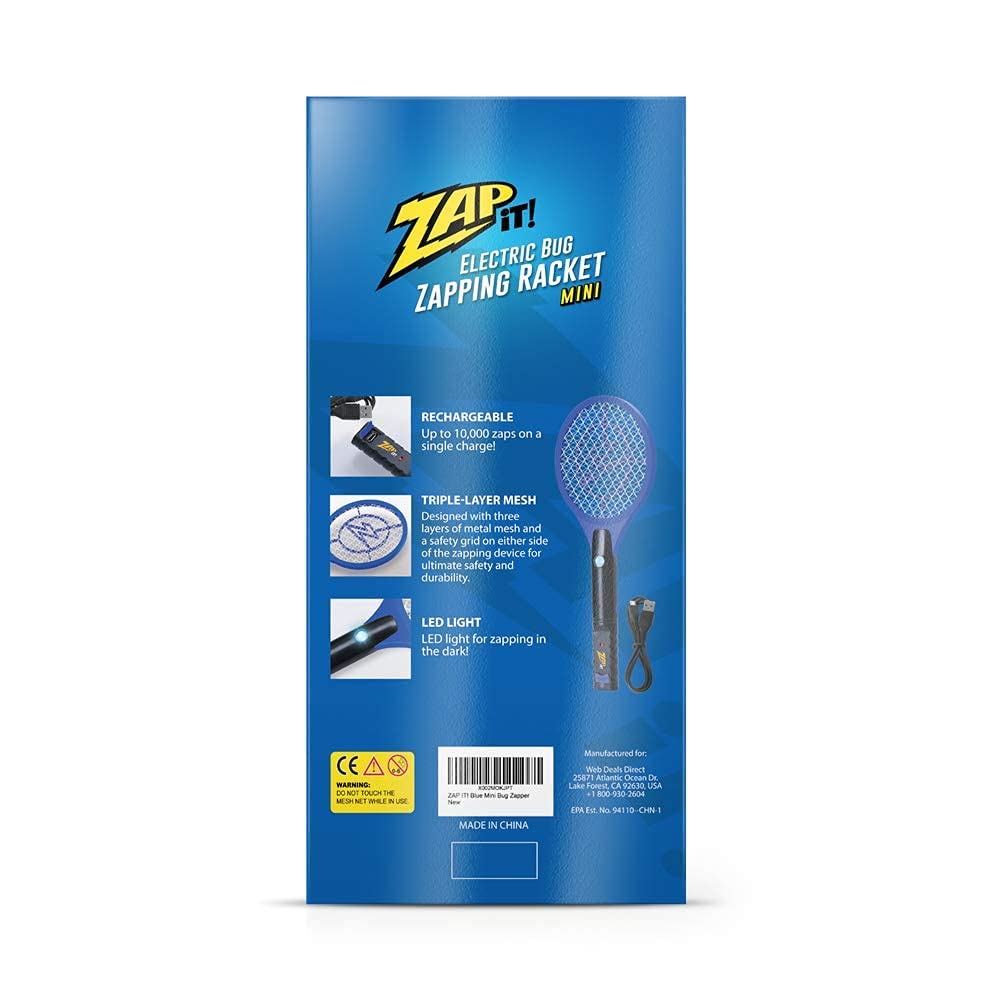 ZAP IT! Bug Zapper Rechargeable Electric Fly Swatter Racket, 4,000 Volt, USB Charging Cable