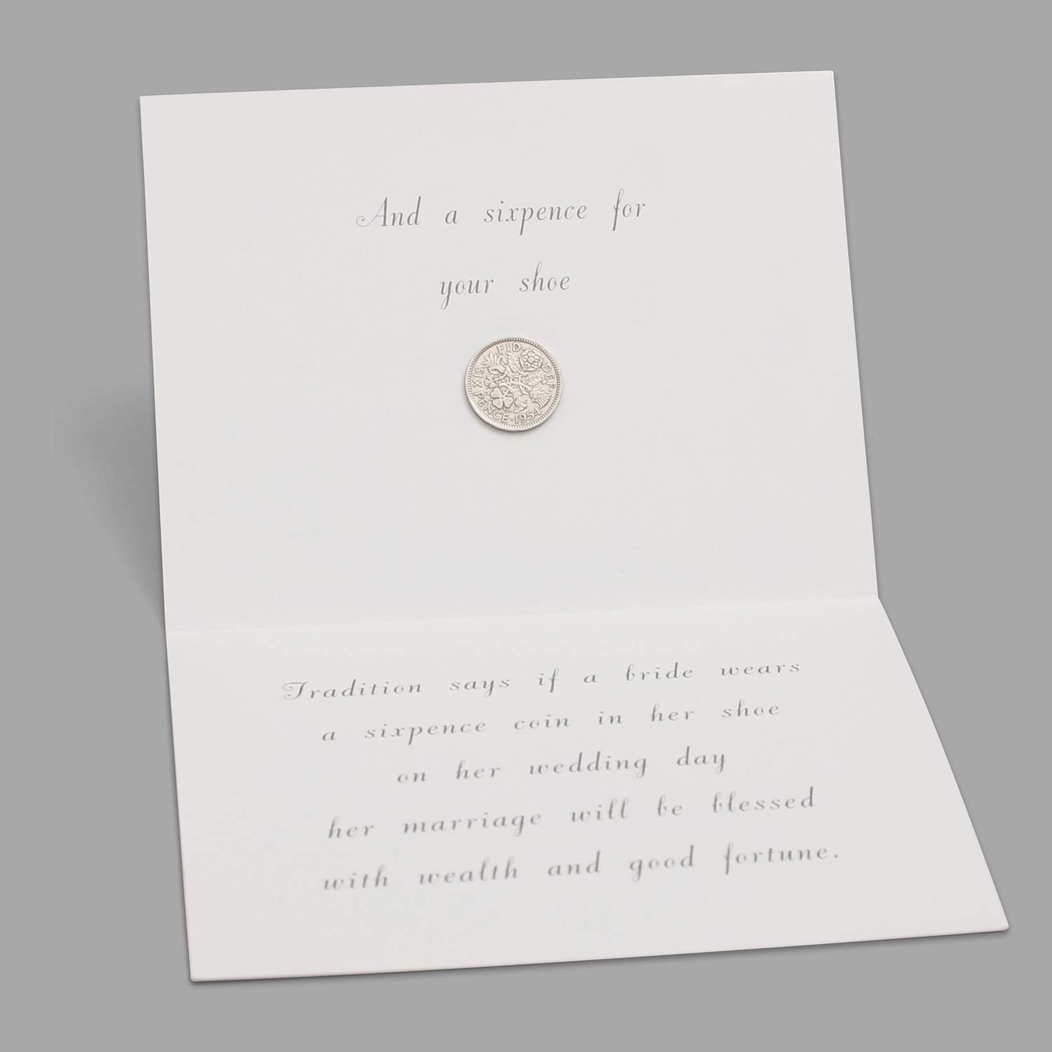 Old Sixpence Coin and Wedding Card for Bride, Something Old, Something New, Something Borrowed, Something Blue, and a Sixpence for Her Shoe. (1954-1967)