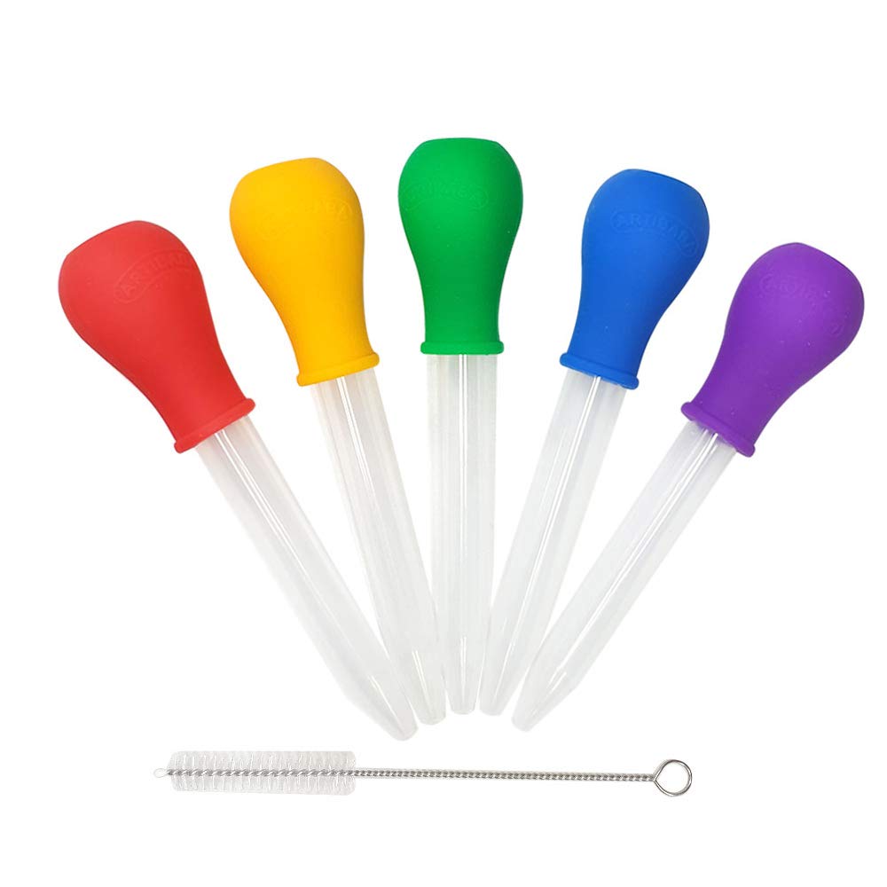 ARTIBABA Jumbo Rainbow Color Liquid DROPPERS 5 Pieces 5ml - Jumbo Silicone Tip Clear Plastic Pipettes Science Experiments Laboratory Liquid Transfer Mixing Color Art Craft Activity