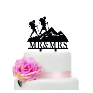 mountain wedding cake topper, mr & mrs cake topper, hiking theme wedding cake decoration, black backpacking bride and groom silhouettes cake topper