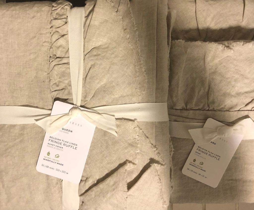 Pottery Barn Belgian Flax Linen Fringe Ruffle Duvet Cover Full/Queen & Two Standard Shams ~Flax~