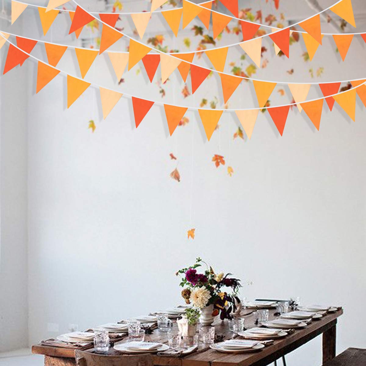 10M/32Ft Triangle Flag Fabric Banner Cotton Pennant Garland Cloth Bunting for Fall Decor Autumn Wedding Birthday Party Thanksgiving Day Home Nursery Outdoor Garden Hanging Decoration (Orange+36Pcs)