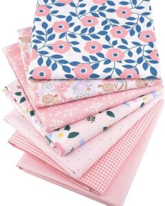 lorvain 7pcs pink fat quarters fabric bundles, cotton print fabric with green leaf red fruit gypsophila strawberry white flower for diy sewing patterns craft（19.6" x 15.7", pink）