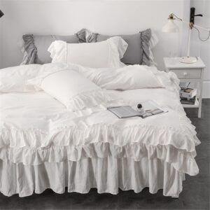 soukach/soukechy white shabby chic 3 pieces bedding,vintage ruffled queen duvet cover set with 2 layers ruffles,soft brushed microfiber set with zipper closure(queen, white)