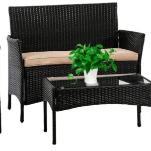 Patio Furniture Set 4 Pieces, Outdoor Rattan Chair Wicker Sofa Garden Conversation Bistro Sets for Yard, Pool or Backyard, Best Wicker Furniture Outdoor 4pc Garden Patio Conversation Set - Black