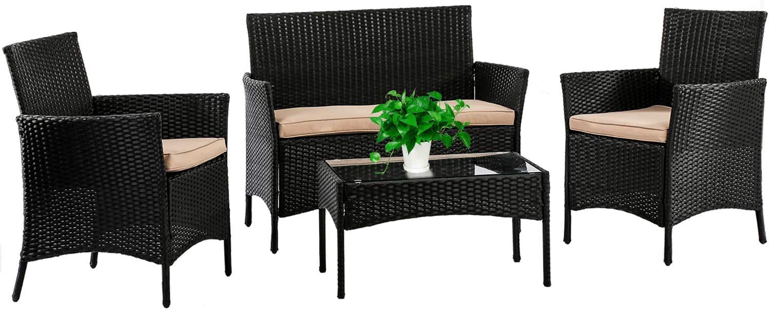 Patio Furniture Set 4 Pieces, Outdoor Rattan Chair Wicker Sofa Garden Conversation Bistro Sets for Yard, Pool or Backyard, Best Wicker Furniture Outdoor 4pc Garden Patio Conversation Set - Black