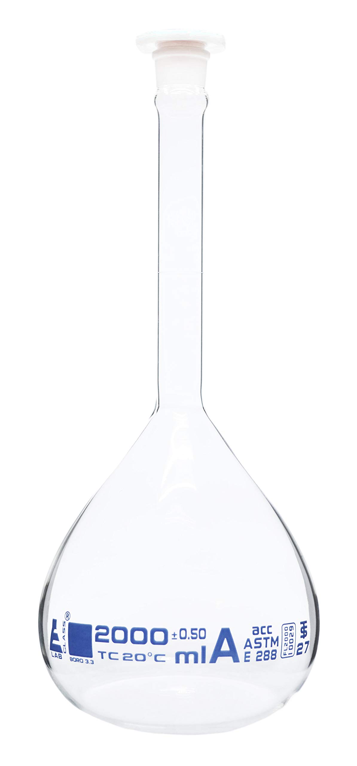 EISCO Volumetric Flask, 2000ml - ASTM, Class A - Polypropylene Stopper - Borosilicate 3.3 Glass