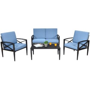 tangkula 4pcs outdoor aluminum patio conversation set, patio sofa set 1 loveseat, 2 single sofas, 1 coffee table, outdoor furniture set w/padded cushions for garden, yard, pool, backyard (1, blue)