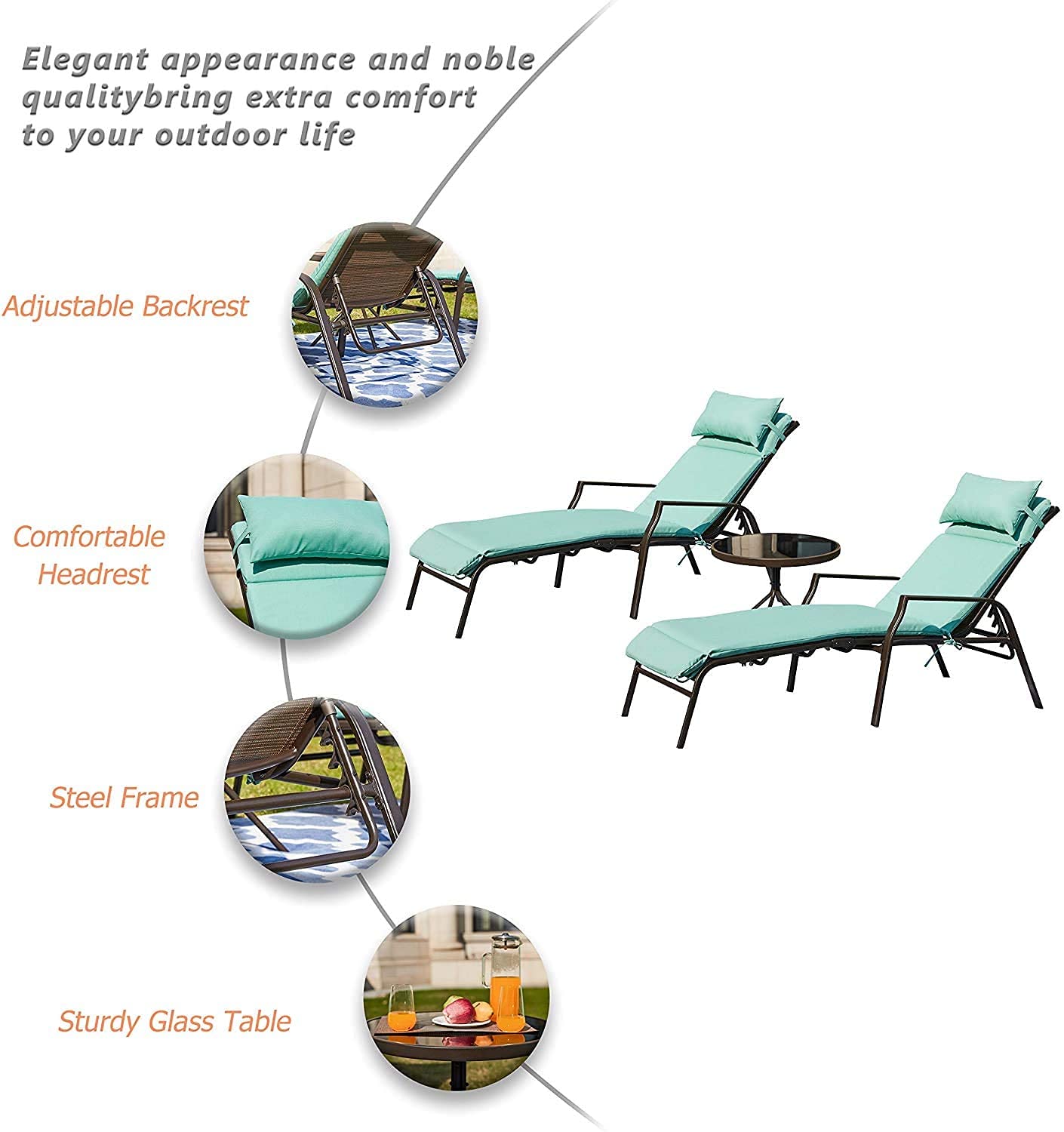 LOKATSE HOME 3 Pieces Outdoor Patio Chaise Lounge Set 2 Adjustable Chairs and 1 Bistro Table with Removable Cushions, Light Blue