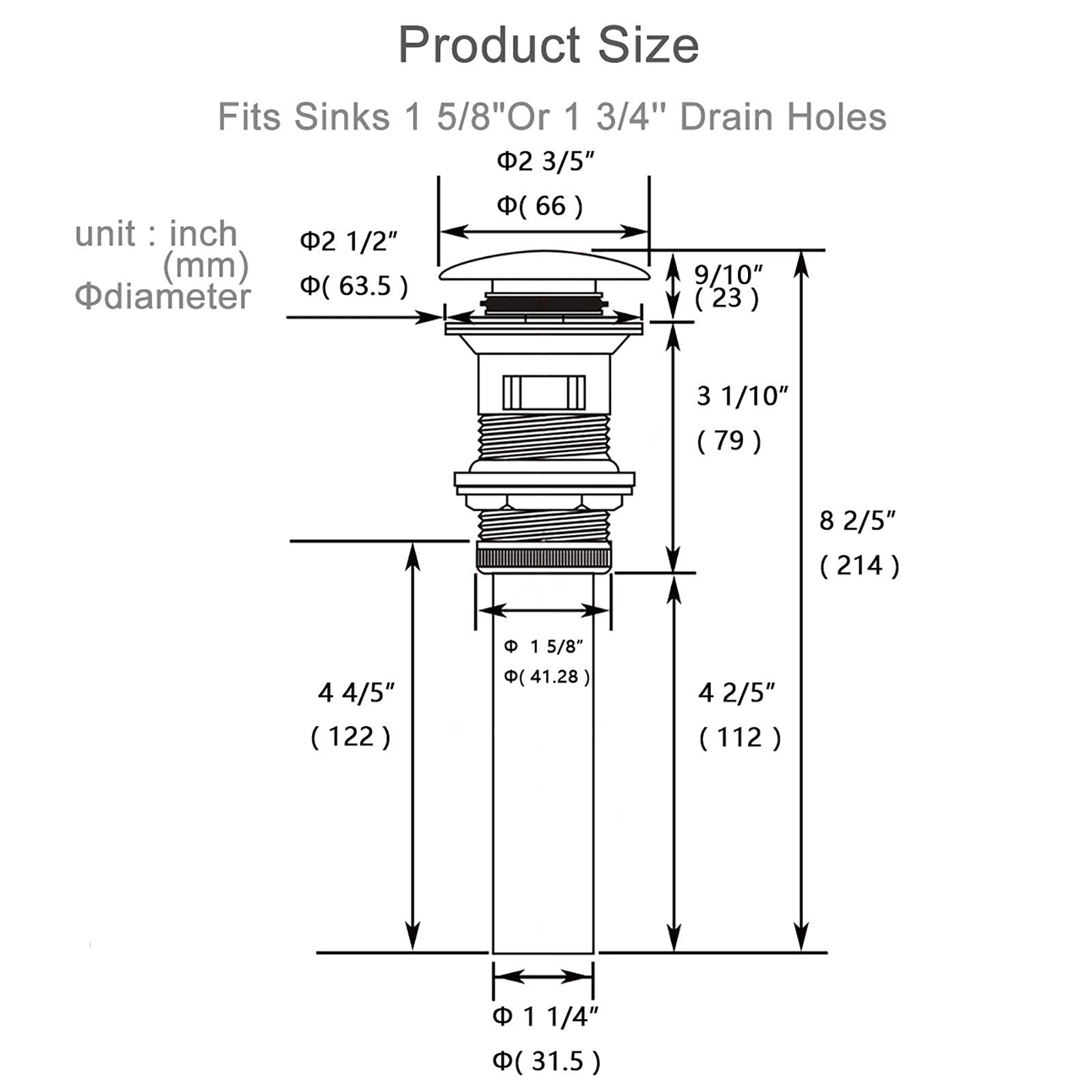 SWHYGER 1 1/4 Brushed Nickel Sink Drain, Bathroom Pop Up Drain with Removable Brass Strainer Basket,with Overflow Vessel Lavatory Vanity Sink Drain Stopper, 83606-1BN.